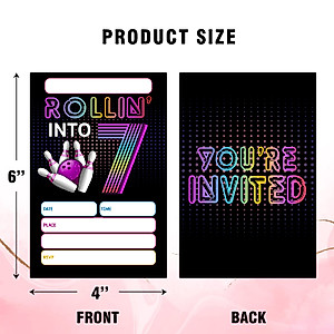 WUINCK 7th Birthday Party Invitations Cards, Roller Bowling Birthday Party Invitations for Kids, Boys and Girls, Neon Bowling Birthday Party Celebration Supplies, 20 Invitation with Envelopes - 0063