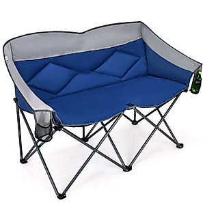 Goplus Loveseat Camping Chair, Double Folding Chair for Adults Couples w/Storage Bags & Padded High Backrest, Oversize Camp Seat for Fishing Picnic (Blue)