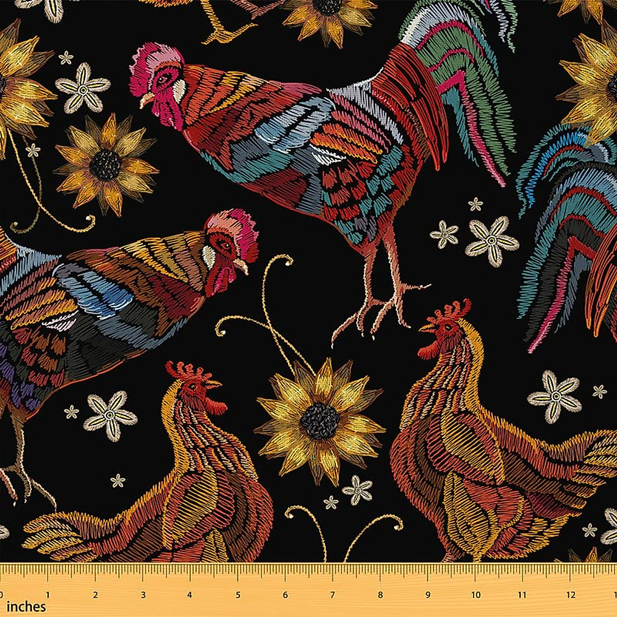 jejeloiu Chicken Print Fabric by The Yard,Farm Animals Upholstery Fabric for Chairs Sofa Couch, Botanial Sunflower Outdoor Fabric Waterproof, 3 Yards, Red Black Yellow