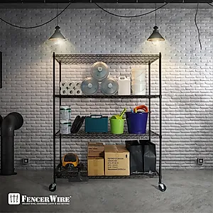 Fencer Wire 4-Tier Commercial Grade Heavy Duty Adjustable Height Wire Shelving w/Casters & Leveling Feet, Garage Shelving Storage Organizer, Storage Metal Steel Shelf, Utility Storage Shelf, Black..