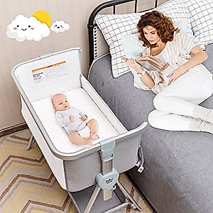 BABY JOY Bedside Bassinet, Portable Baby Crib w/Mattress, Two-Side Breathable Mesh, 7 Height Adjustable, Large Storage, Wheels for Easy Movement, Crib for Newborn Infant, Bassinet for Baby, Grey