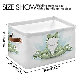 Kigai Funny Frog Doing Yoga Square Storage Basket, Portable Leather Storage Basket for Office, Furniture, 14.2 L x 10.2 W x 8.3 H In