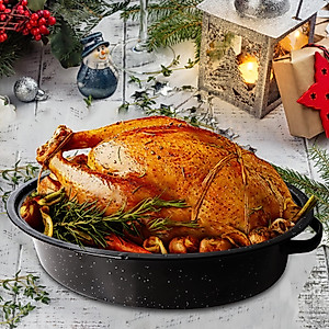 MorTime Granite Roasting Pan, 14.5" Enameled Oval Roaster Pot with Lid for Small Turkey, Chicken, Ham, Broiler Pan for Oven, Dishwasher