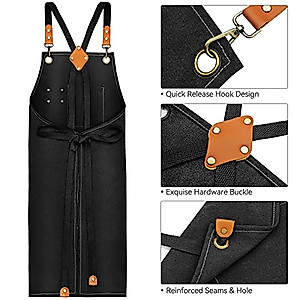 Riqiaqia Chef Apron for Women Men, Cotton Canvas Cross Back Apron with Adjustable Strap and Large Pockets (black)