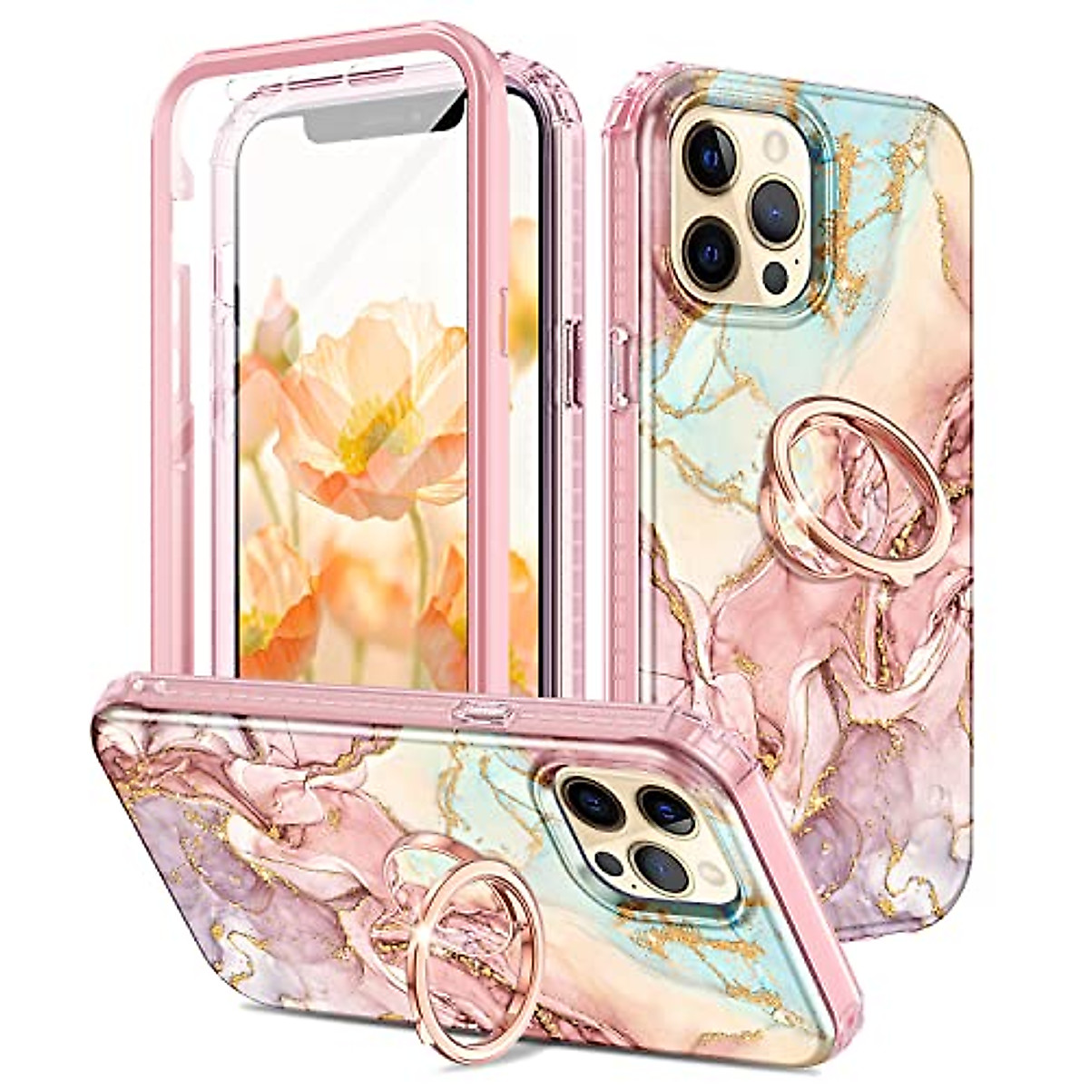 Btscase for iPhone 12 Pro Max Case 6.7 Inch, Built-in Screen Protector with 360° Ring Holder Kickstand, Full Body Dual Layer Rugged Shockproof Protective Cover, Rose Gold