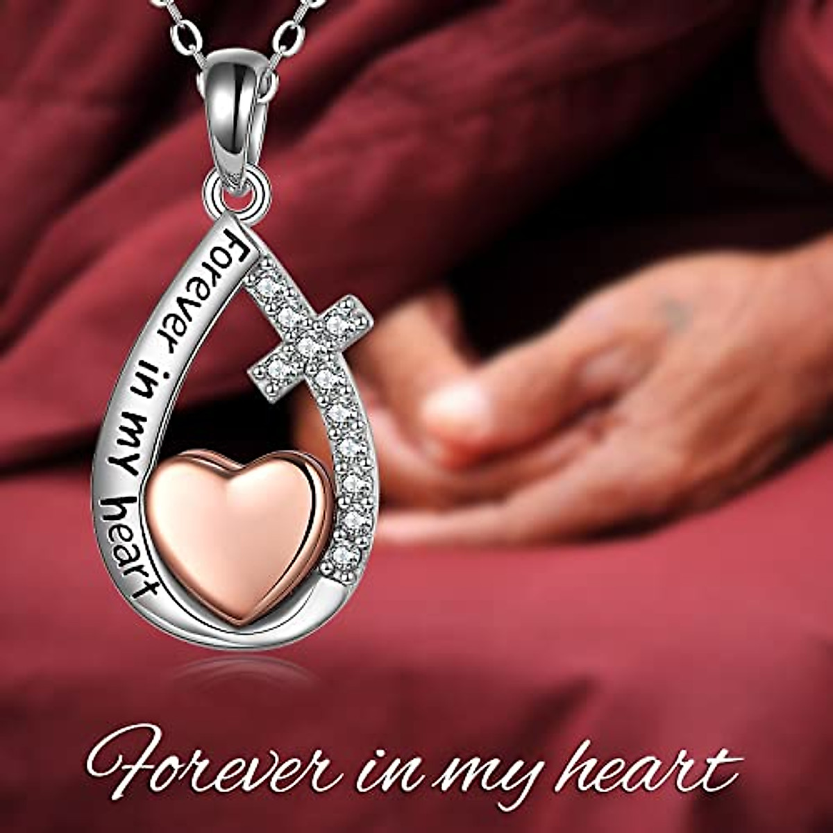 HUKKUN Urn Necklace for Women Sterling Silver Rose Gold Heart Cremation Jewelry for Ashes Teardrop Memorial Gift for Mother