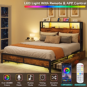 YITAHOME Queen Bed Frame with 4 Storage Drawers and Headboard, LED Lights and Charging Station with Metal Platform Bed Frame, No Box Spring Needed, Fast Assembly - Brown