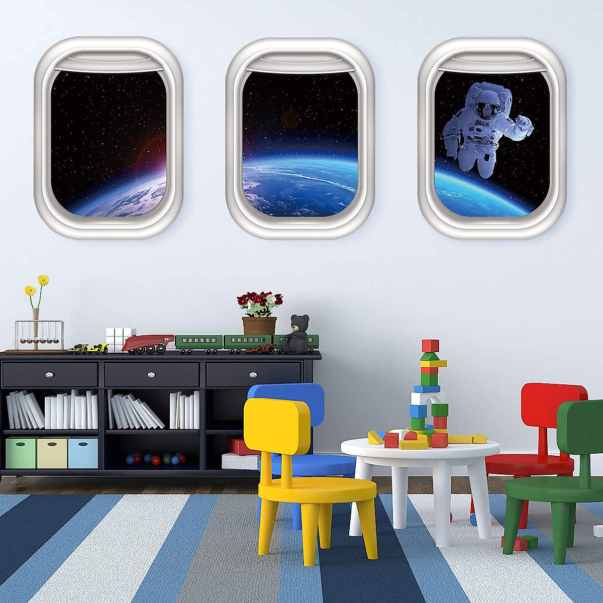 Rajahubri 3D Space Astronaut Window Wall Sticker Galaxy and Planet Fake Window Wall Decals Removable Outer Space Window View Wall Stickers Decal for Living Room