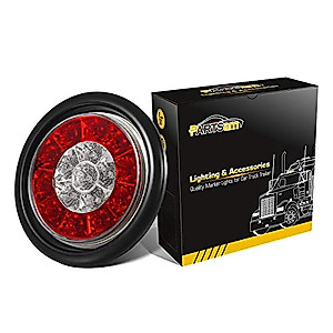 Partsam 2Pcs 4" Inch Round LED Trailer Tail Lights 16LED w Rubber Grommet, Waterproof Sealed Round Red Stop Turn Tail Brake Running Lights White Reverse Backup Lights Lamps for RV Trailer Trucks