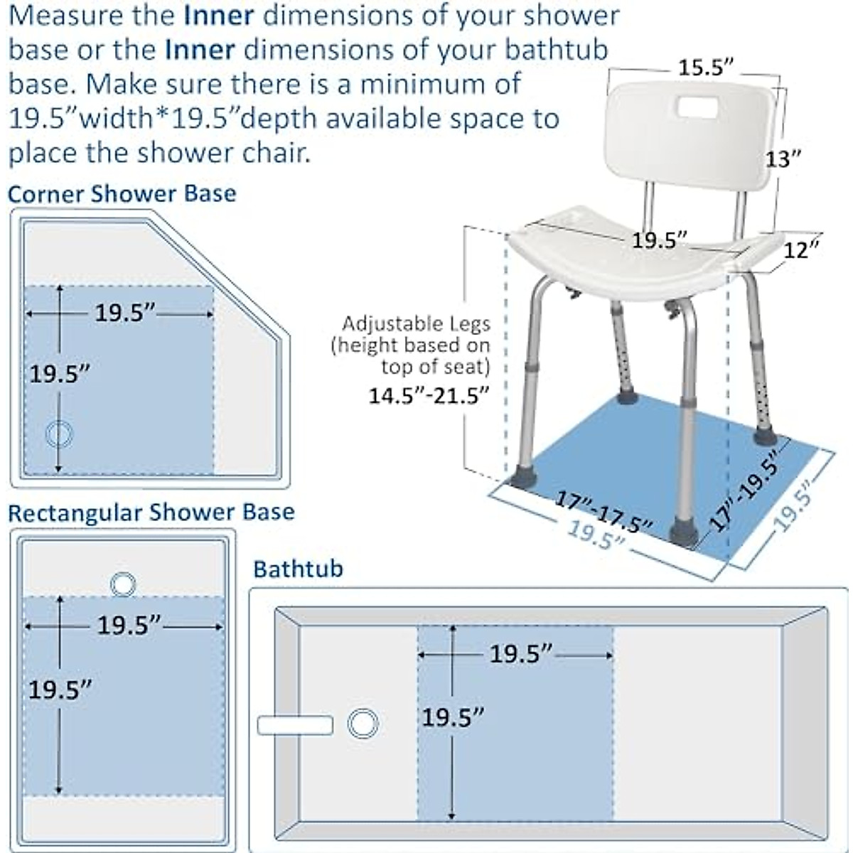 Vaunn Tool-Free Assembly Adjustable Shower Chair Spa Bathtub Seat Bench with Removable Back