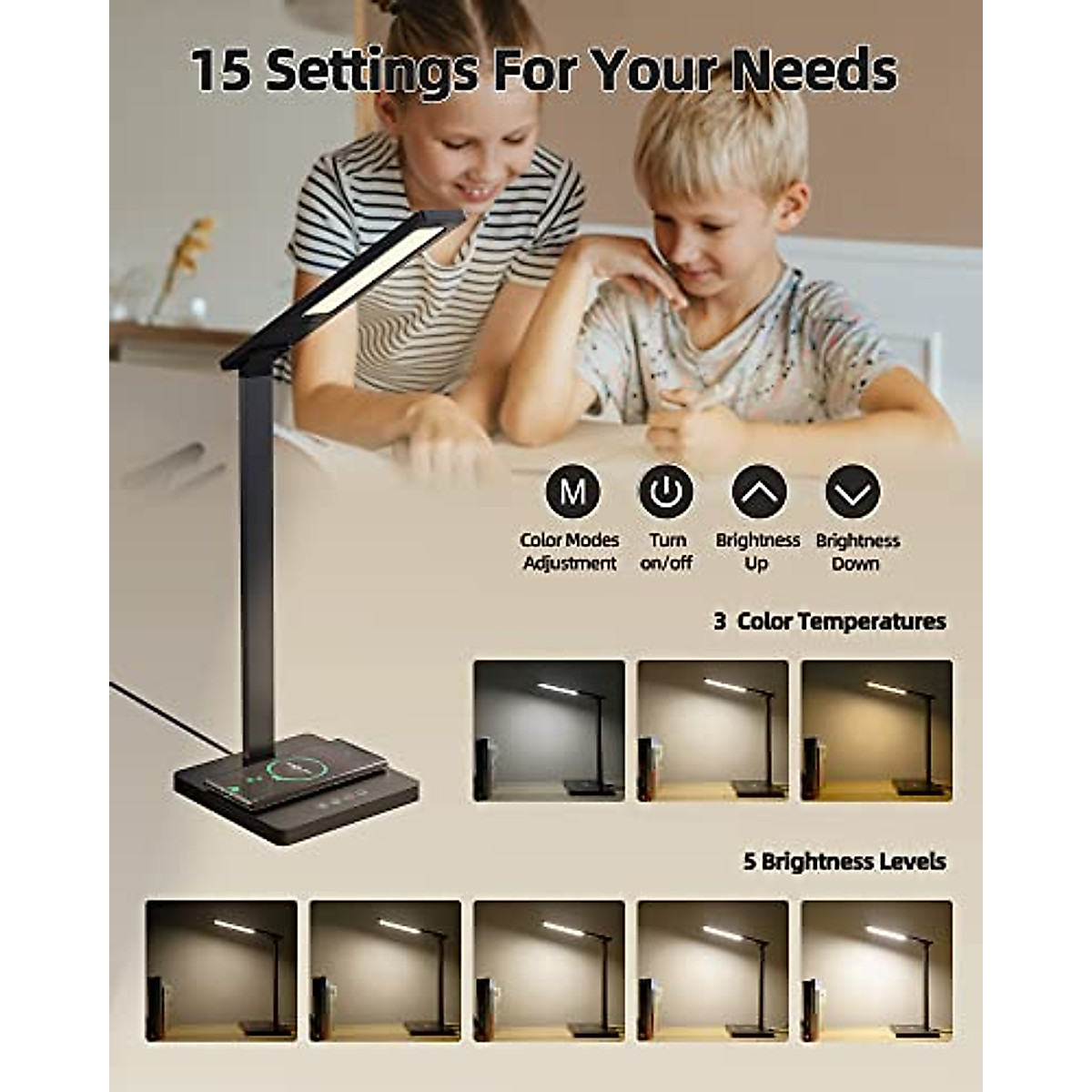 Flymuda LED Desk Lamp with 15W Wireless Charger & USB Charging Port, EyeCare Desk Light with 3 Lighting Modes, 5 Brightness Levels, Touch Control, 24W Adapter, Black Desk Lamp for Home Office