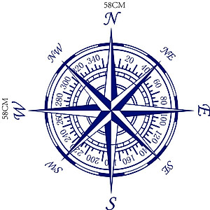 BIBITIME Nautical Compass Rose Wall Decal Decor Vinyl Decals for Living Room Sofa Couch TV Background Bedroom Nursery Art Mural,Dark Blue,22.83" x 22.83"