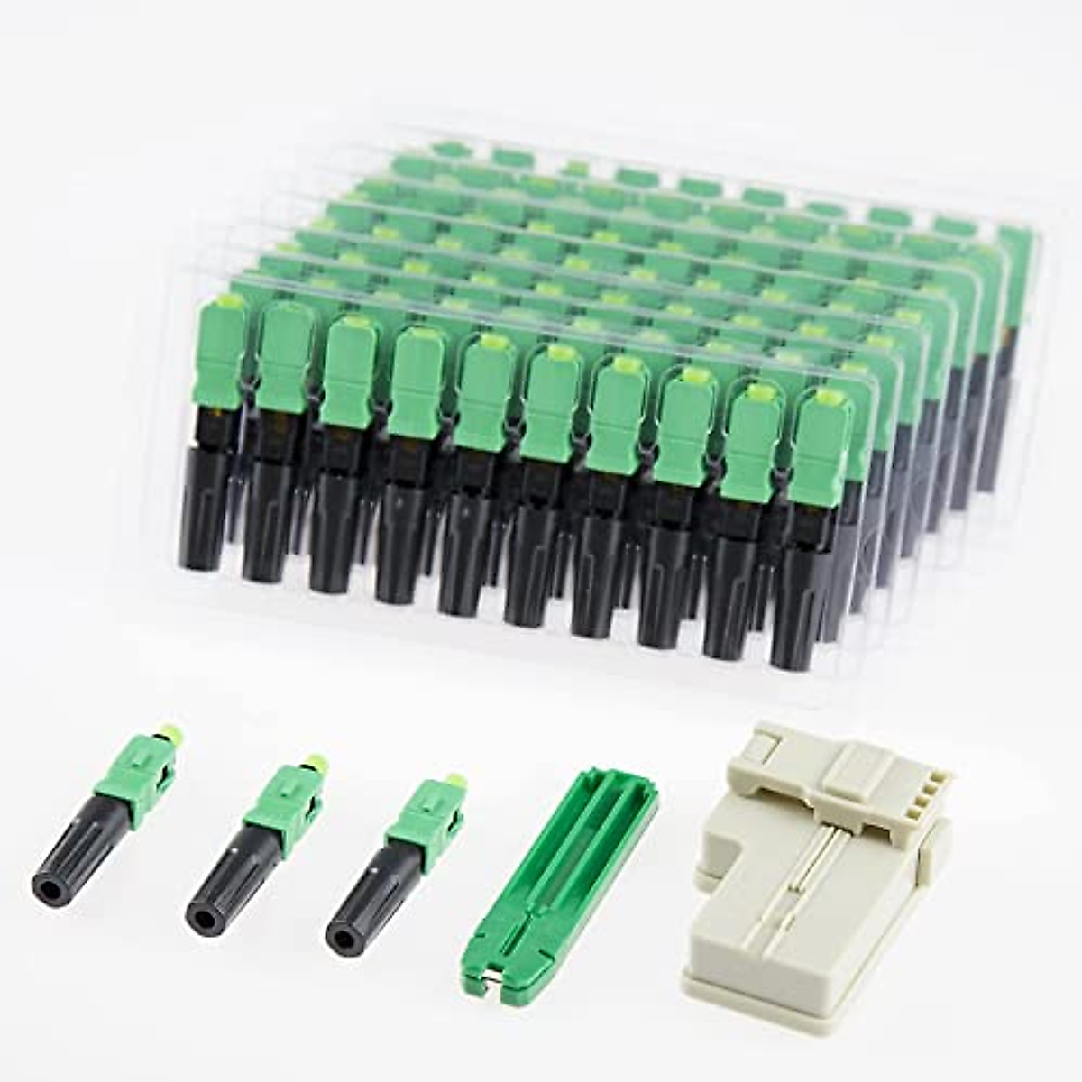 100pcs LEITE SC APC Fiber Optic Quick Connector with Matched Tools Fiber Reusable Connectors Single Mode SM 9/125 Mechanical Fast Connectors Adapter for FTTH CATV Network Instrument