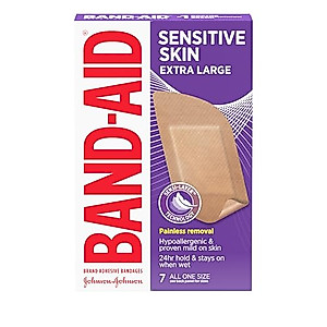 Band-Aid Brand Adhesive Bandages for Sensitive Skin, Hypoallergenic First Aid Bandages with Painless Removal, Stays on When Wet & Suitable for Eczema Prone Skin, Extra Large Size, 7 ct
