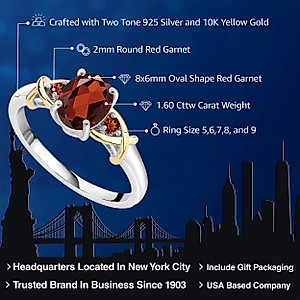Gem Stone King 925 Sterling Silver and 10K Yellow Gold Red Garnet Ring For Women (1.60 Cttw, Oval 8X6MM, Gemstone Birthstone, Available In Size 5, 6, 7, 8, 9)