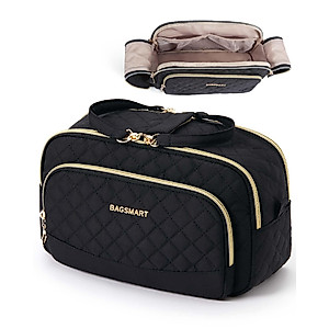 BAGSMART Travel Makeup Bag, Cosmetic Bag Organizer Case, Portable Makeup Travel bag for Women for Travel Accessories, Makeup Toiletry Bag with Dual-Zippered Large Wide-open and Handle-black