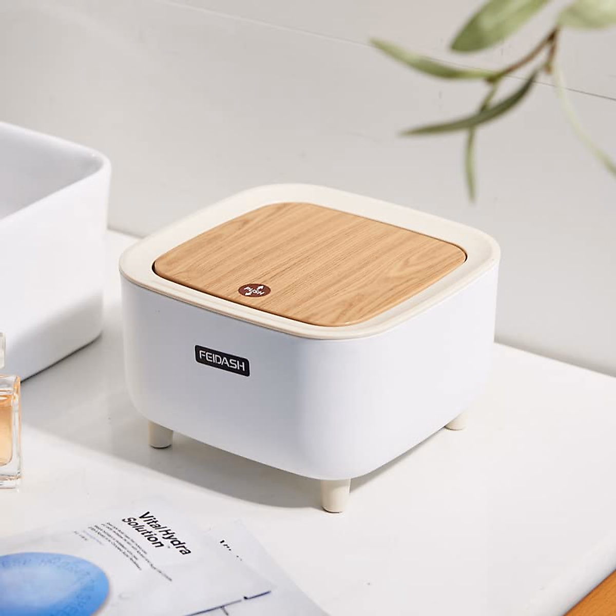 Bedroom Trash Can with Lid,Waste Basket for Bathroom,Kitchen Garbage Can with Push Button, Small Trash Bin，Plastic Rubbish Bin for Office, Living Room, 2.6 Gallon&0.5 Gallon (2 Pieces)