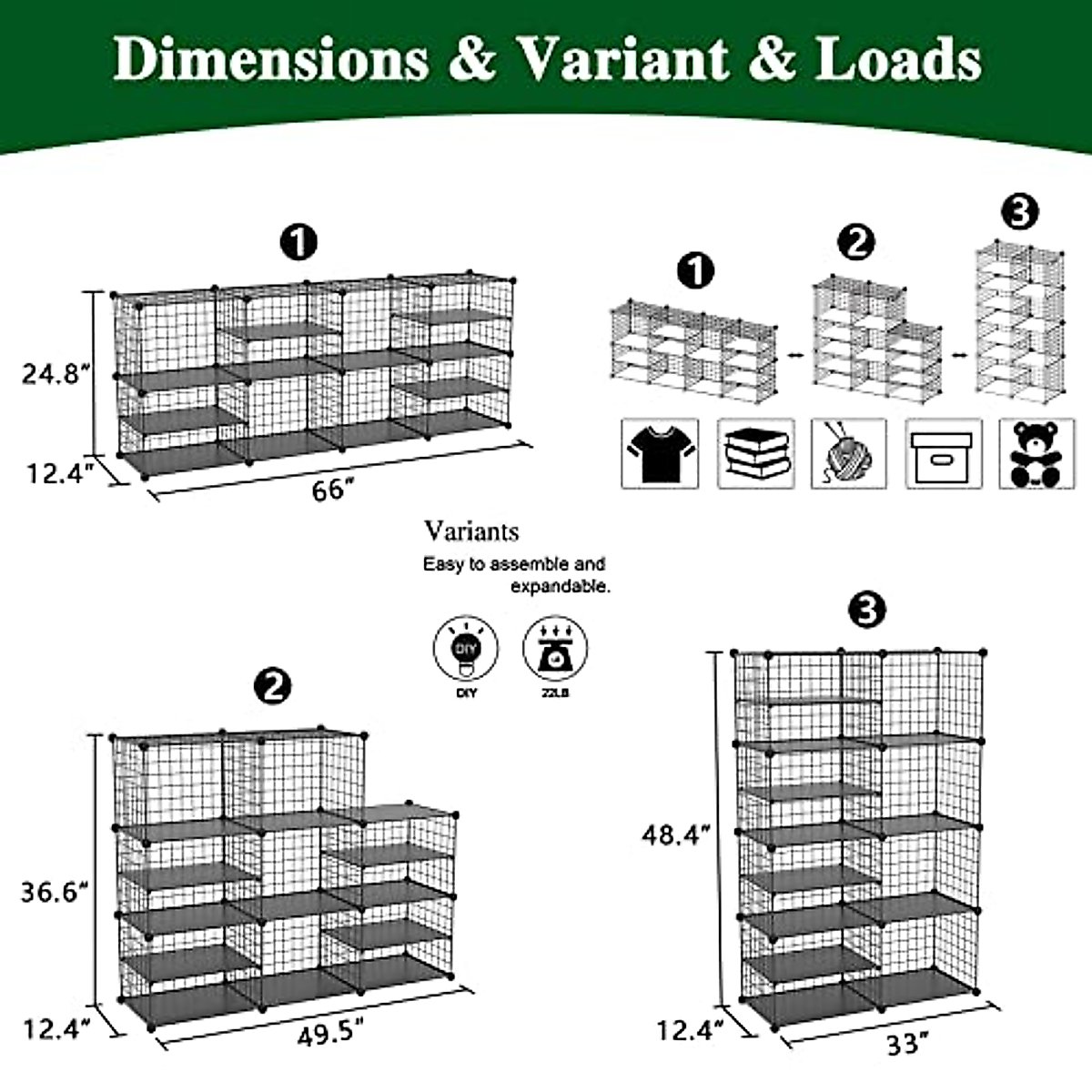 C&AHOME Wire Cube Storage Unit, Interlocking Metal Wire Organizer with Divider Design, Modular Cabinet with Plastic Panels, Bookshelf Stackable Closet Organizer with Small Hooks, Black UWCSIM08B