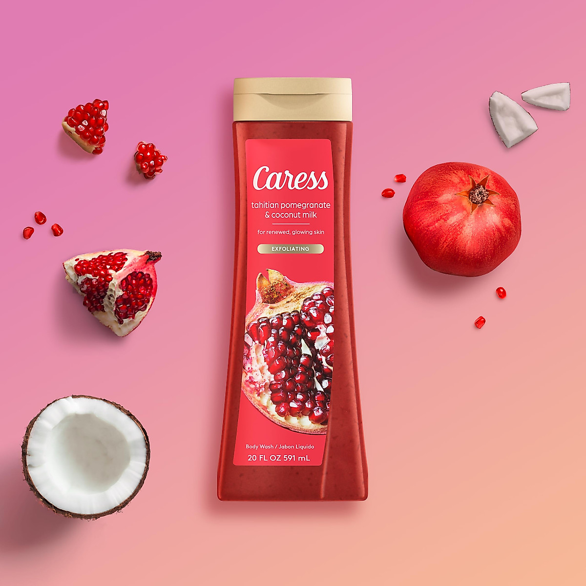 Caress Body Wash for Women, Tahitian Pomegranate & Coconut Milk, Exfoliating Shower Gel for Renewed, Glowing Skin, 20 fl oz, 4 Pack