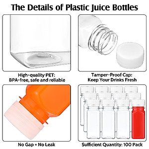100 Pcs 2oz Small Clear Plastic Juice Bottles with Lid for Liquids Reusable Ginger Shots Bottle Vial Beverage Container Leak Proof Mini Jars for Juice, Milk, Water (White)
