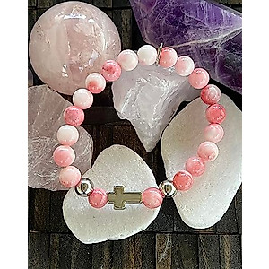 Women's Cross Bracelet with Initial Charm, Pink White Jade Semi Precious Stones (7, Pink White Jade)