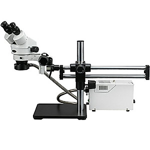 AmScope SM-5BZ-FOR Professional Binocular Stereo Zoom Microscope, WH10x Eyepieces, 3.5X-90X Magnification, 0.7X-4.5X Zoom Objective, Fiber-Optic Ring Light, Ball-Bearing Double-Arm Boom Stand, 110V-120V, Includes 0.5X and 2.0X Barlow Lenses