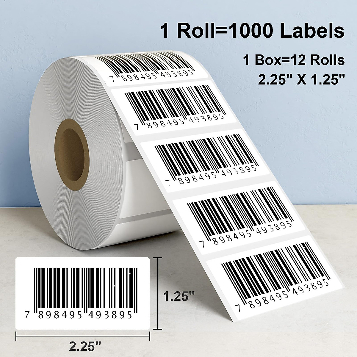 MaxGear 2.25" X 1.25" Direct Thermal Labels, Perforated UPC Barcode & FBA Address Stickers, Premium Permanent Adhesive Shipping Labels, Compatible with Rollo & Zebra (12 Rolls, 1000 Labels/Roll)
