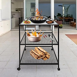 Mobile Outdoor Grill Cart, 3-Tier Stainless Steel Work Cart Table Dining Cart Table for Pizza Oven Outdoor Cart Grill Stand Trolley Table for Home, Backyard and Outdoor, Black