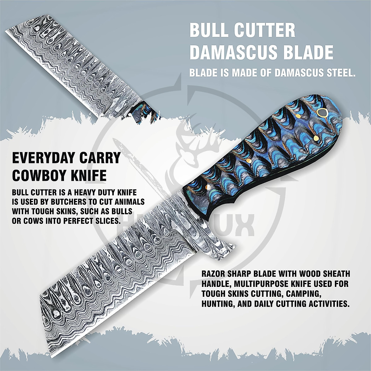 HUNTLUX Damascus Steel Hunting Knife with Sheath for Belt, Handmade 8" Sharp Bull Cutter Knife, EDC Fixed Blade Knife, Full Tang Cowboy Knife with Wooden Handle, Skinning Knife for Outdoor Camping