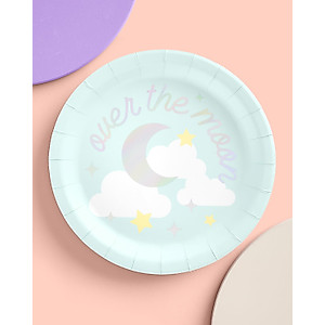 xo, Fetti Over the Moon Paper Plates - 25 pcs | Blue Baby Shower Decoration, Gender Reveal Party Tablescape, Mom to Be Dinner Setting, Birthday Decor
