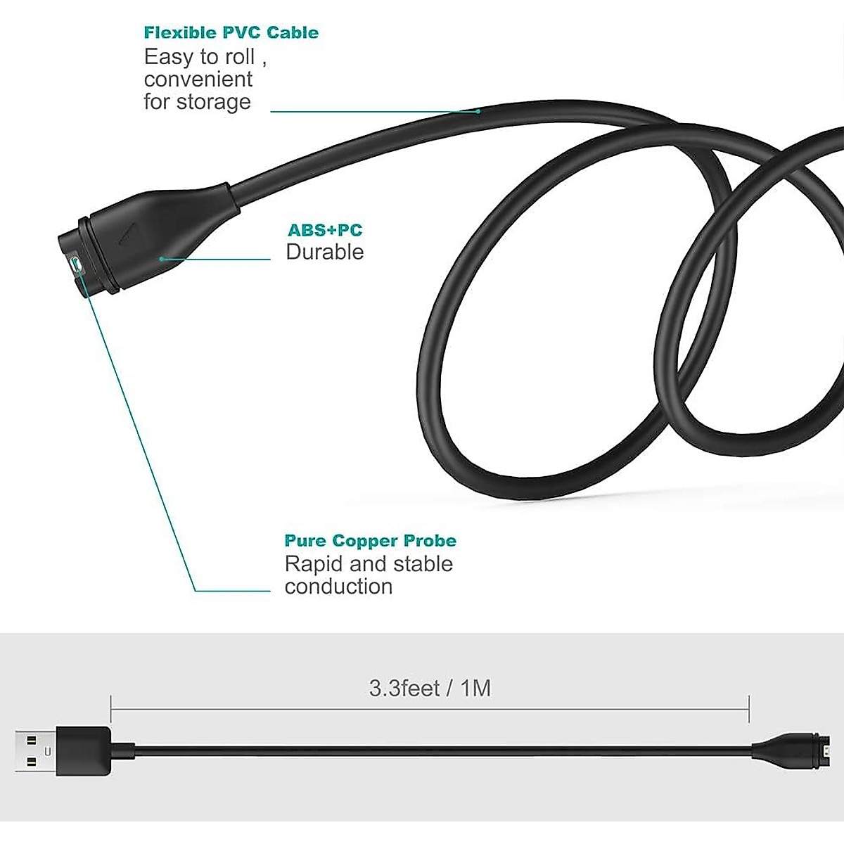 Vivosmart 5 Charger Replacement USB Data Sync Charging Cable Wire Compatible with Garmin Vivosmart 5 Fitness Tracker, Black - 2Pack