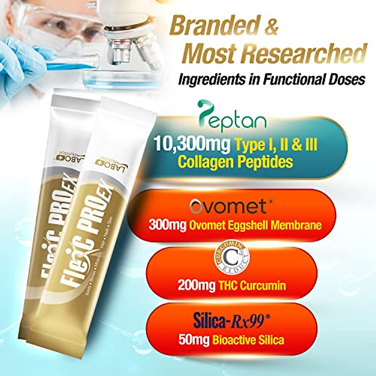 LABO Nutrition FlexC PRO EX, Full Spectrum Collagen, Type I, II, III, V & X, Peptan Collagen, Eggshell Membrane, Water Soluble Silica & Curcumin C3 Reduct, for Joint, Bones, Muscles, Nails, Skin