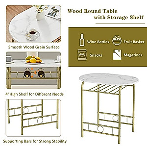 VECELO 3 Piece Small Round Dining Table Set for Kitchen Breakfast Nook, Wood Grain Tabletop with Wine Storage Rack, Save Space, 31.5", White & Gold