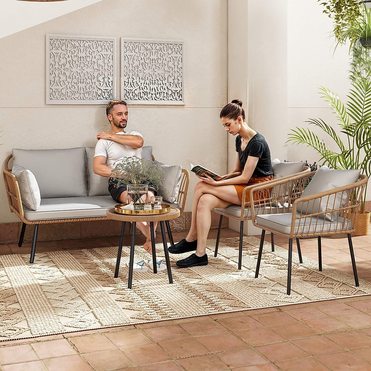 DWVO 4 Pieces Patio Furniture Set, Outdoor Wicker Bistro Set, All-Weather Rattan Conversation Set with Loveseat Chairs Table Soft Cushions for Backyard, Pool, Deck, Garden (Grey)