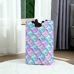 Ollabaky Large Foldable Laundry Hamper Bag with Handles, Mermaid Scales Laundry Basket Box Big Storage Organizer for Family, Dormitory, Washhouse…
