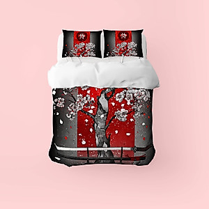 Japanese black white ink style Samurai sword red Sakura 3D print Duvet Cover Queen Size Ultra Soft and Breathable Bedding Comforter Cover Set 3 Pieces with Zipper Closure Duvet Cover & 2 Pillow Shams