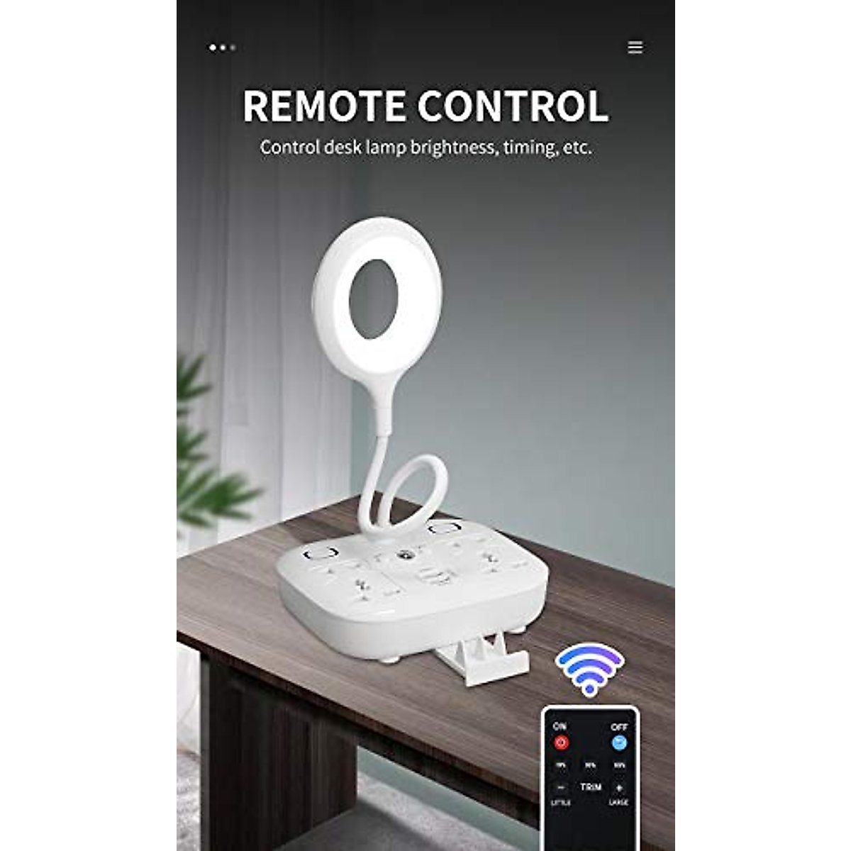 Nsiucion LED Desk Lamp, Adjustable Table Lamp Light with Remote Control, Eye-Caring Dimmable Office Lamp with 2 USB Charging Ports, 4 AC Power Outlets, Phone Stand, Multi Brightness Levels-White
