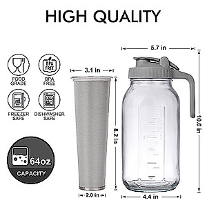 Cold Brew Mason Jar iced Coffee Maker, Durable Glass, - 64 oz (2 Quart / 1.9 Liter), With Handle& Stainless Steel Filter for Iced Brew Coffee, Lemonade, Ice Tea, Homemade Fruit Drinks Container