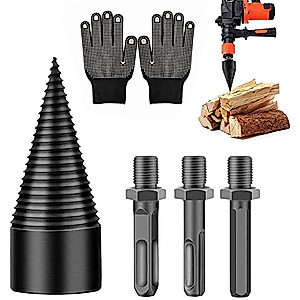 Hlimior Firewood Log Splitter,3pcs Firewood Drill Bit Removable Cones Kindling 32mm/1.26inch Wood Splitting logs bits Heavy Duty Electric Drills Screw Cone Driver Hex + Square + Round