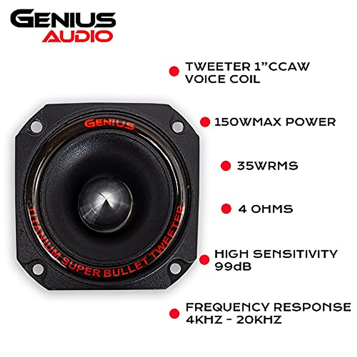 Genius Audio GPRO-T09 1", 35 Watts RMS - 150 Watts Max, Pro Audio Titanium Super Bullet Tweeter Speaker, Aluminum Diaphragm Car Audio Speaker, Ferrite Magnet, 4 Ohms (1 Speaker)