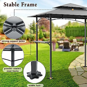 Zevemomo Grill Gazebo, 8x5 FT Grill Canopy for Outdoor Grill, Double Tiered BBQ Canopy Tent with 2 Shelves, 10 Hooks and Bottle Opener, All Weather Outdoor Gazebo for Patio, Backyard, Garden, Gray