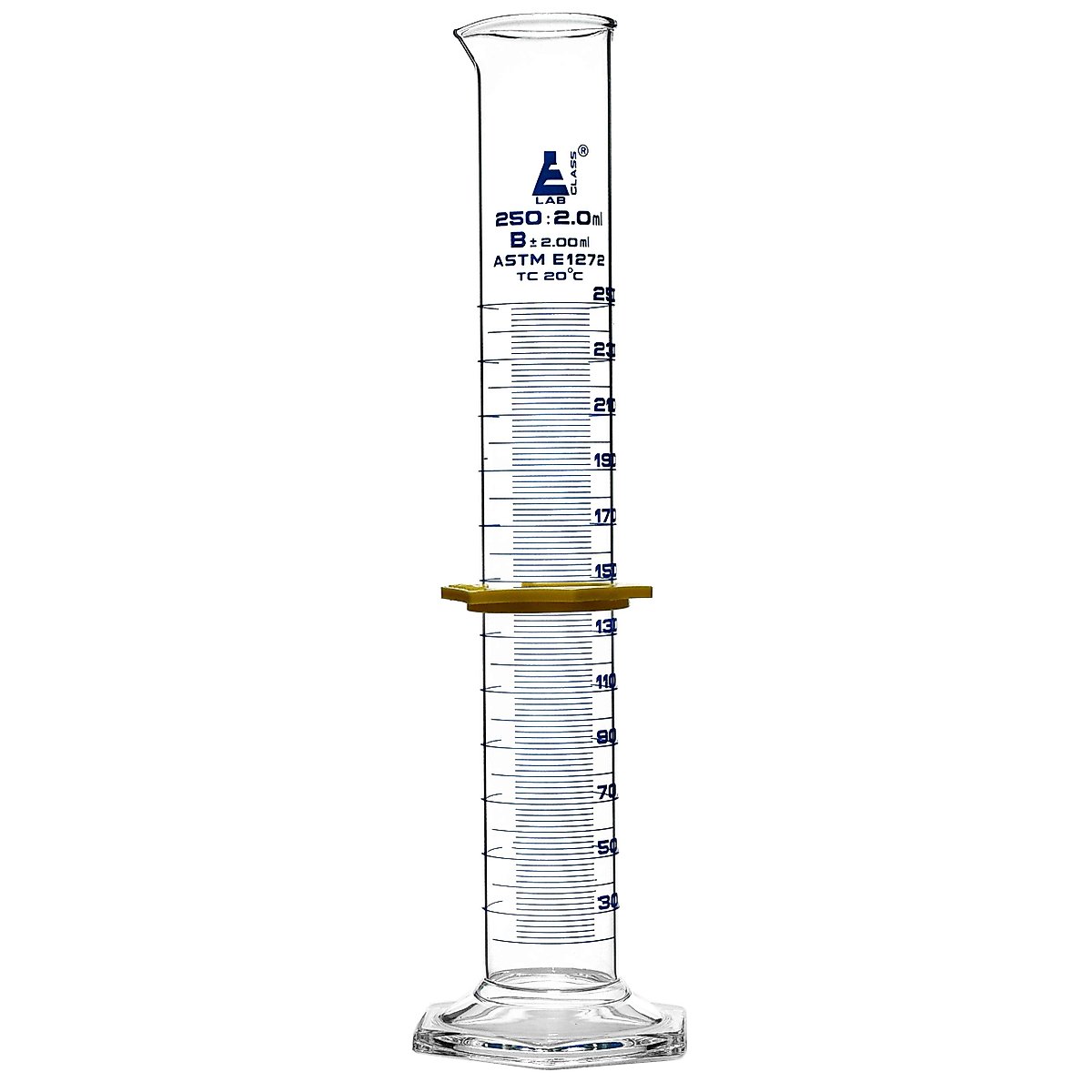 EISCO Graduated Cylinder, 250mL - ASTM, Class B Tolerance ±2.00mL Protective Collar, Hexagonal Base Blue Graduations Borosilicate 3.3 Glass- Eisco Labs