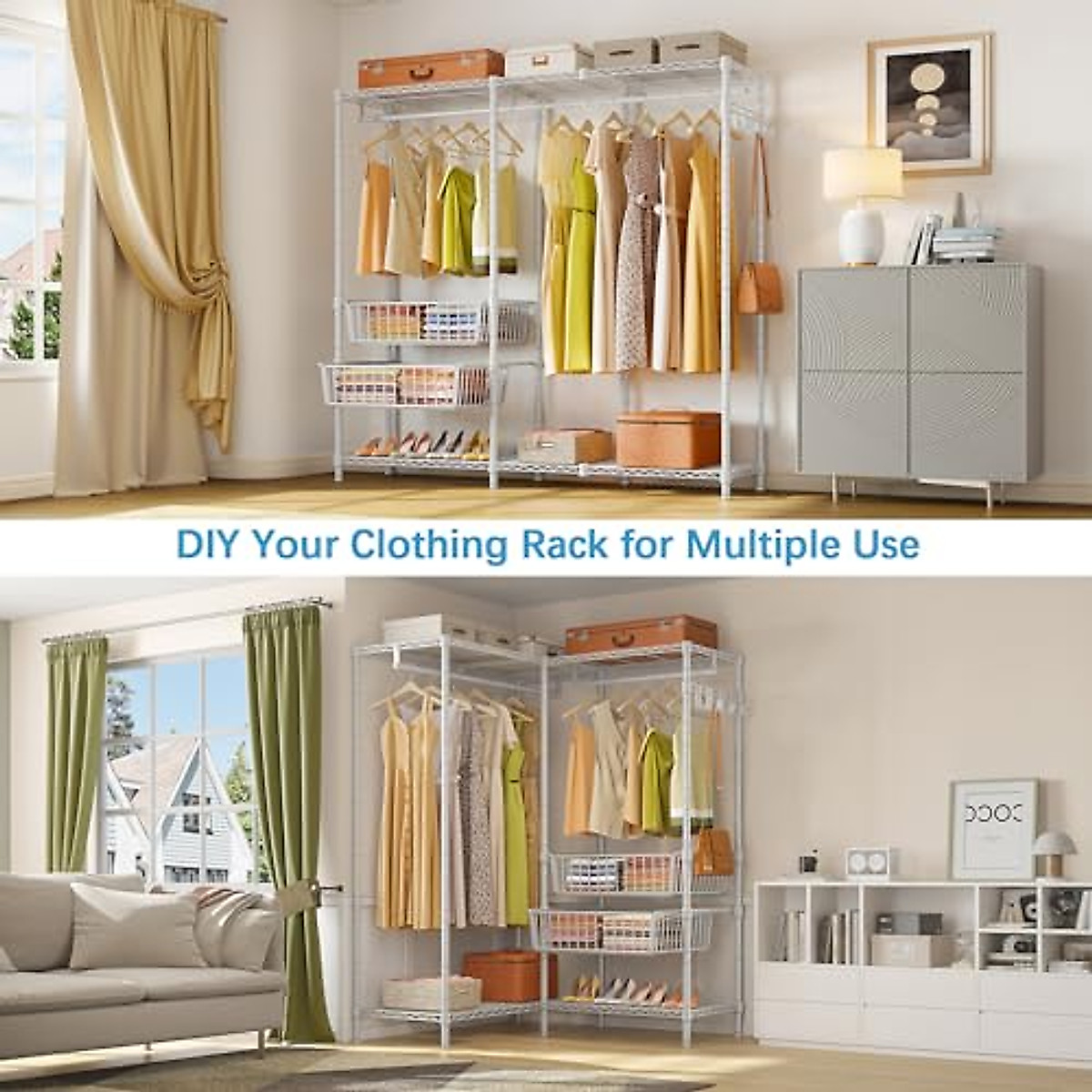 VIPEK L9 L Shape Garment Rack Heavy Duty Clothing Rack with 4 Adjustable Shelves & Slid Baskets, Freestanding Clothes Rack Metal Wardrobe Closet Rack, 44.6"L x 39"W x 73.4"H, Max Load 700LBS, White