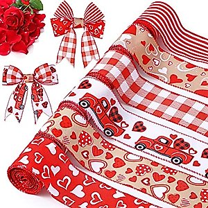 6 Rolls 30 Yards Valentine's Day Ribbons 2.5 Inches Hearts Love Red Wired Edge Ribbon Plaid Truck Burlap Ribbons Gift Wrapping Ribbon Fabric Ribbon for DIY Craft Wedding Party Wreath Bows Decoration