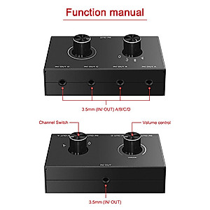 4 Port Audio Switch, 3.5mm Audio Switcher, Stereo AUX Audio Selector, 4 Input 1 Output / 1 Input 4 Output Audio Splitter Switcher, Audio Switcher Box, 4 channel switch knob, No External Power Required