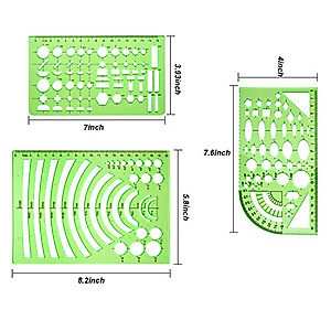 9 Pieces Drawings Templates Measuring Geometric Rulers Plastic Draft Rulers for School Office Supplies, Clear Green