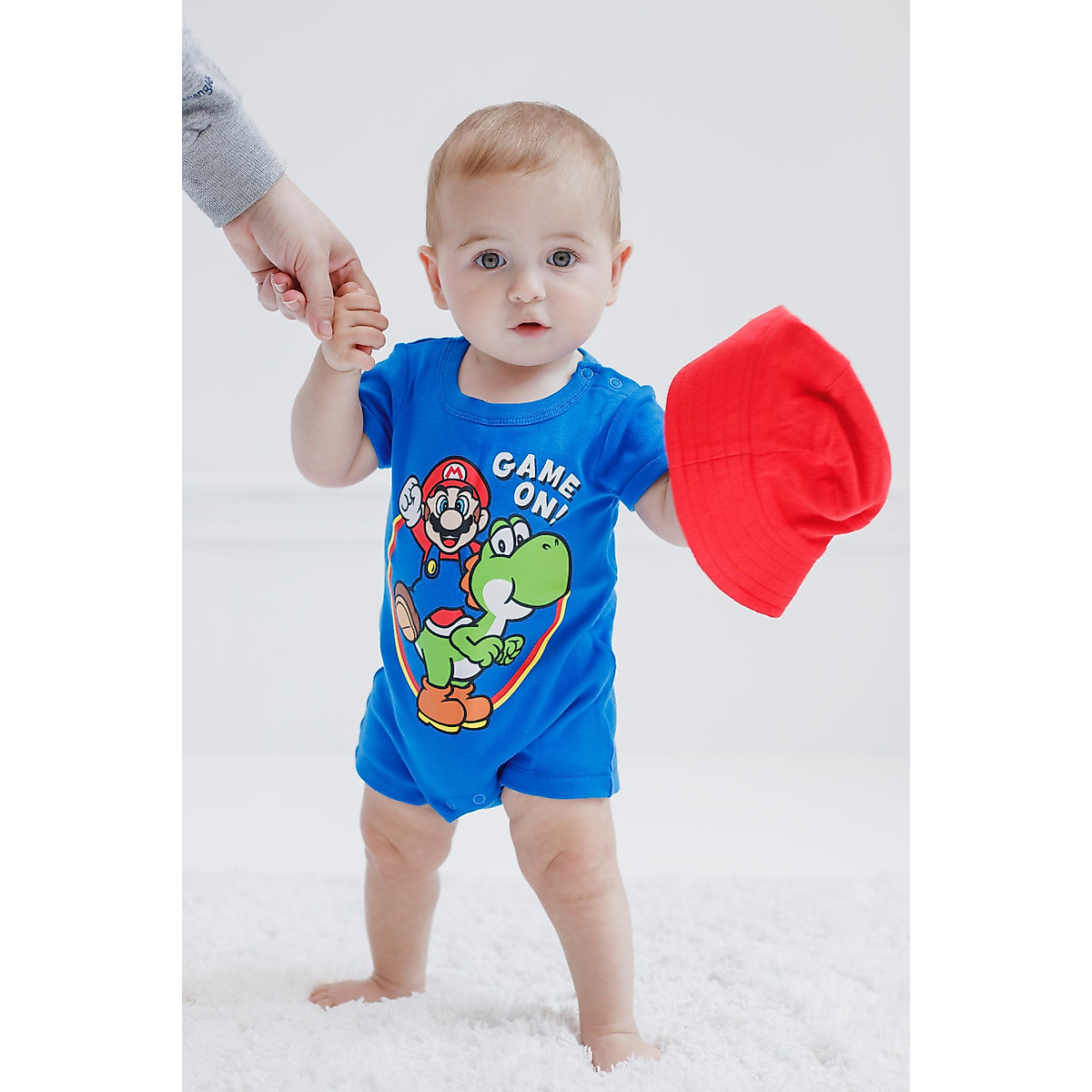 Super Mario Nintendo Mario Yoshi Infant Baby Boys Romper and Bucket Sun Hat Blue/Red 12 Months
