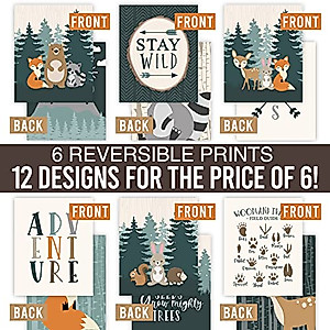 6 Reversible 8x10 Woodland Nursery Decor For Boys Prints, Woodland Nursery Wall Decor, Woodland Baby Shower Decorations, Woodland Creatures Nursery Wall Art Decor, Woodland Animals Posters For Bedroom