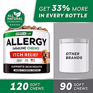 StrellaLab Dog Allergy Relief & Anti Itch Support Chews w/Omega 3: Real Ingredients, Real Taste! Skin & Coat Immune Supplement w/Fish Oil, Pumpkin & Enzymes — Developed by Experts - Made in USA -120Ct