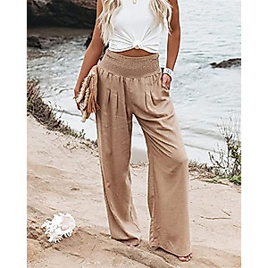 Vansha Women Summer High Waisted Cotton Linen Palazzo Pants Wide Leg Long Lounge Pant Trousers with Pocket Khaki S